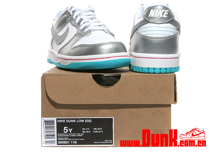 Nike Dunk Low GS - White/Metallic Silver-Bright Turquoise-Laser Pink